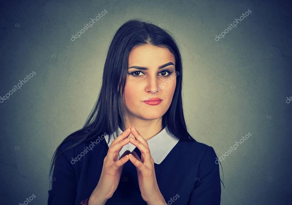 Sneaky, sly, scheming young woman plotting something — Stock Photo ...