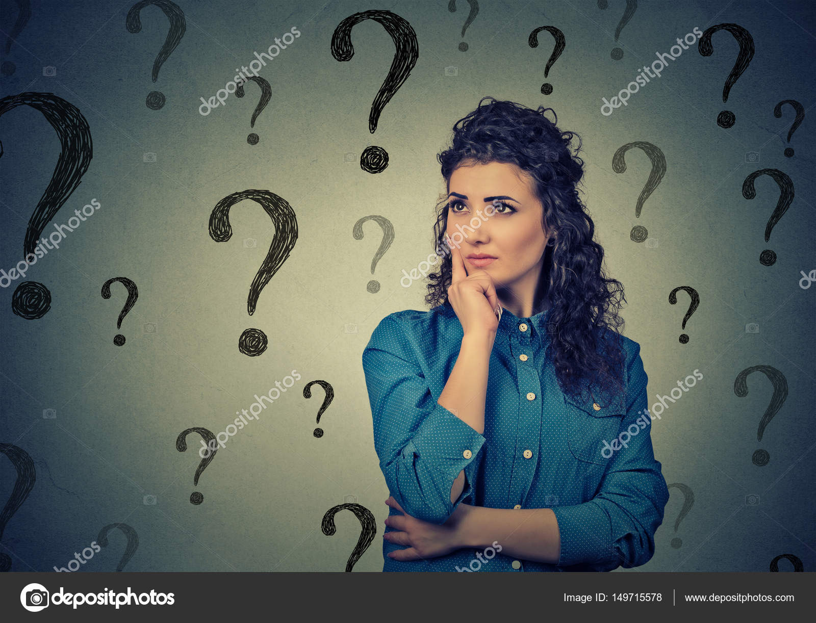 Portrait confused woman bewildered needs a solution has many questions ...
