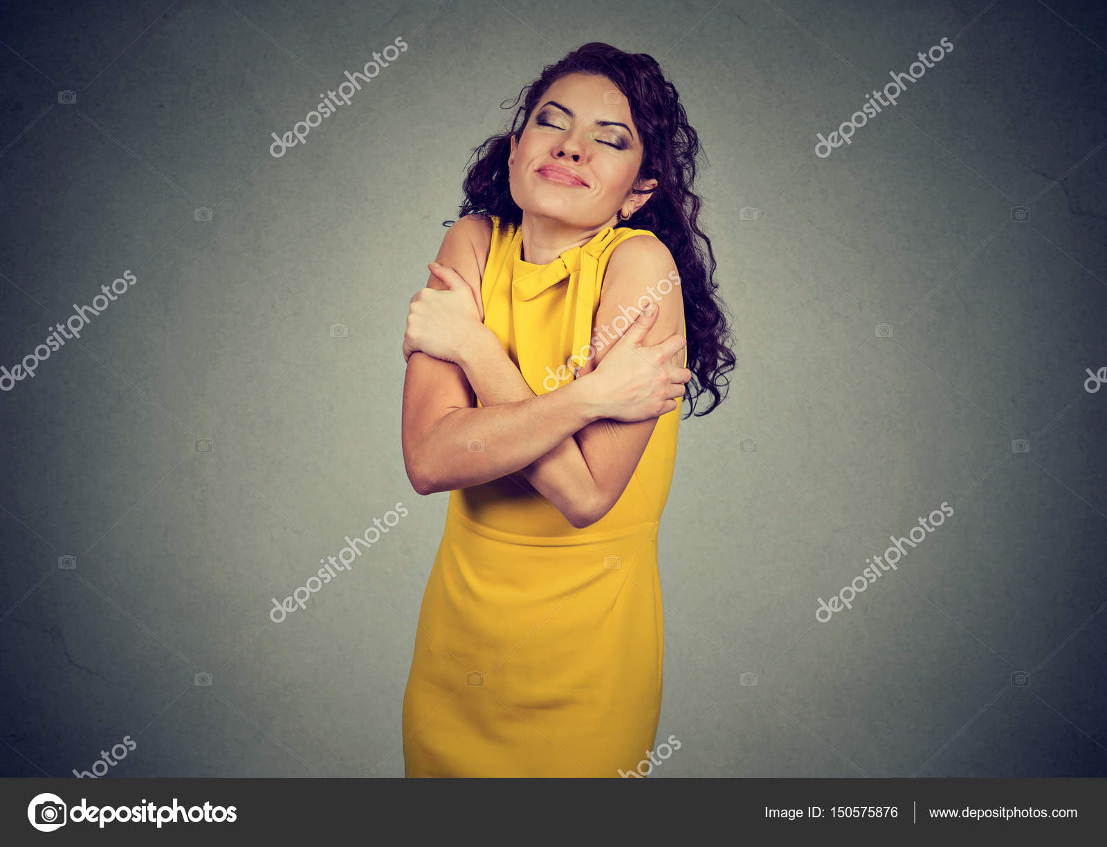 Smiling woman holding hugging herself. Love yourself concept — Stock ...