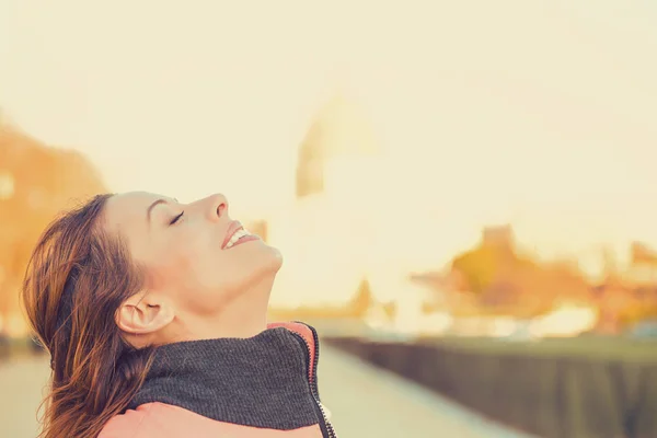 Side profile woman smiling looking up to sky enjoying freedom - Stock ...