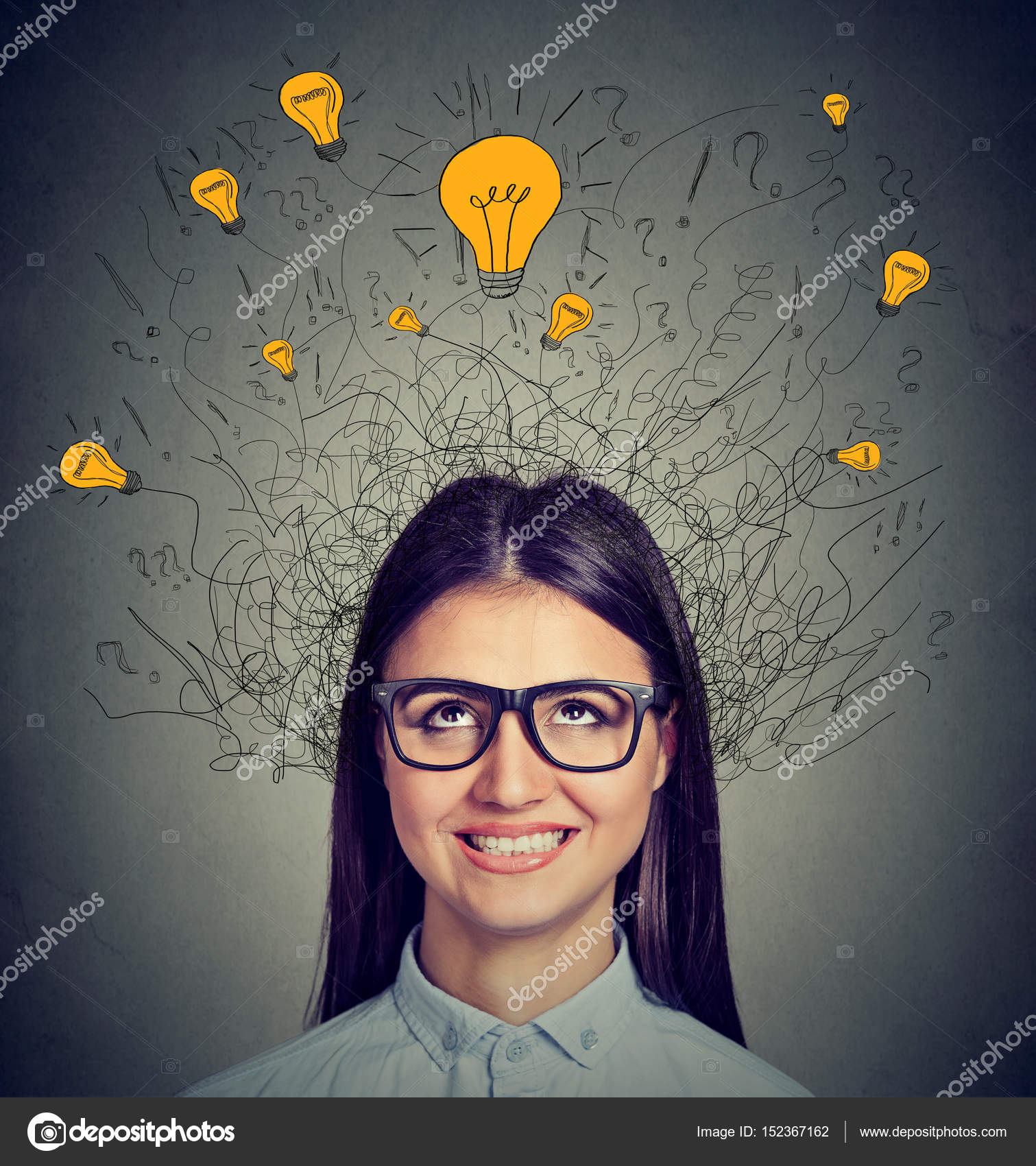 Woman with many ideas light bulbs above head looking up — Stock Photo ...