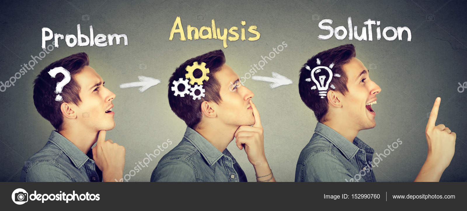 Thoughtful, finding solution young man with question gear mechanism ...