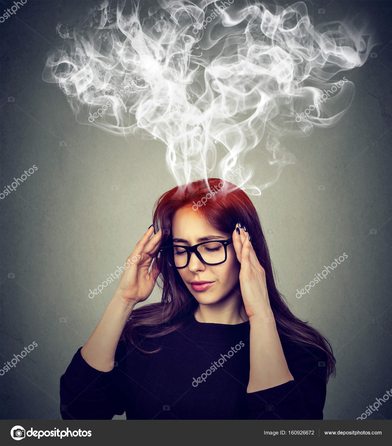 Stressed woman thinking too hard steam coming out up of head — Stock ...