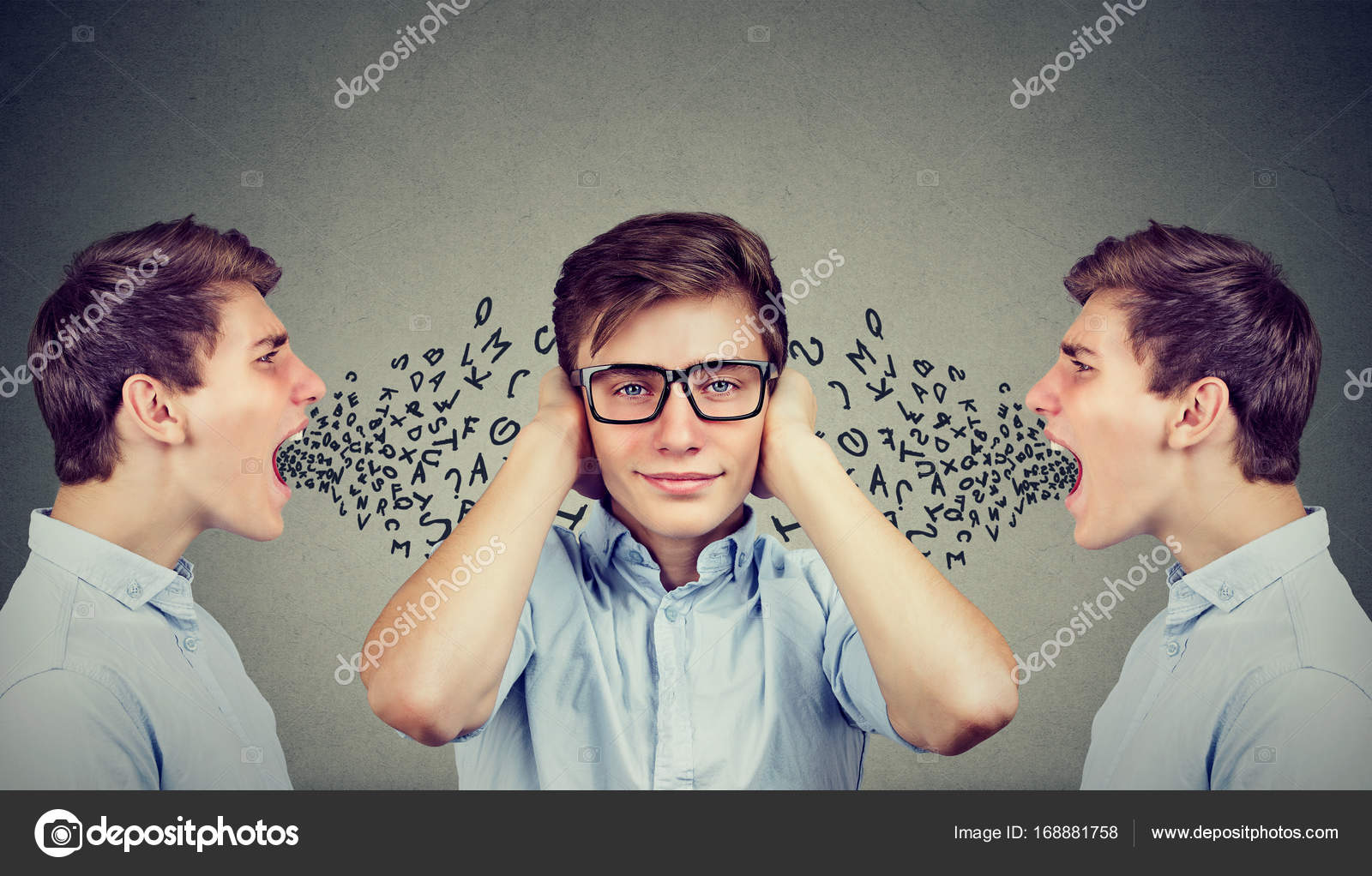Two angry men screaming at peaceful guy covering his ears with hands ...