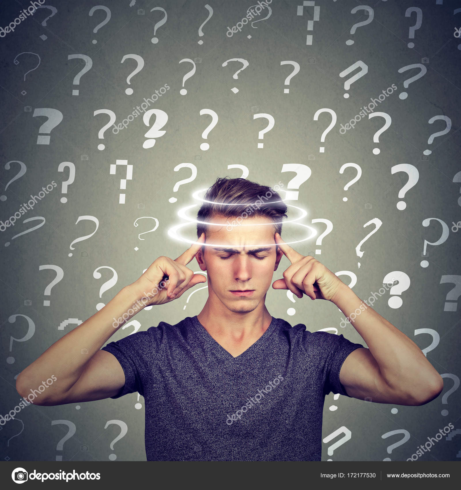 Portrait confused thinking young man with vertigo dizziness has many ...