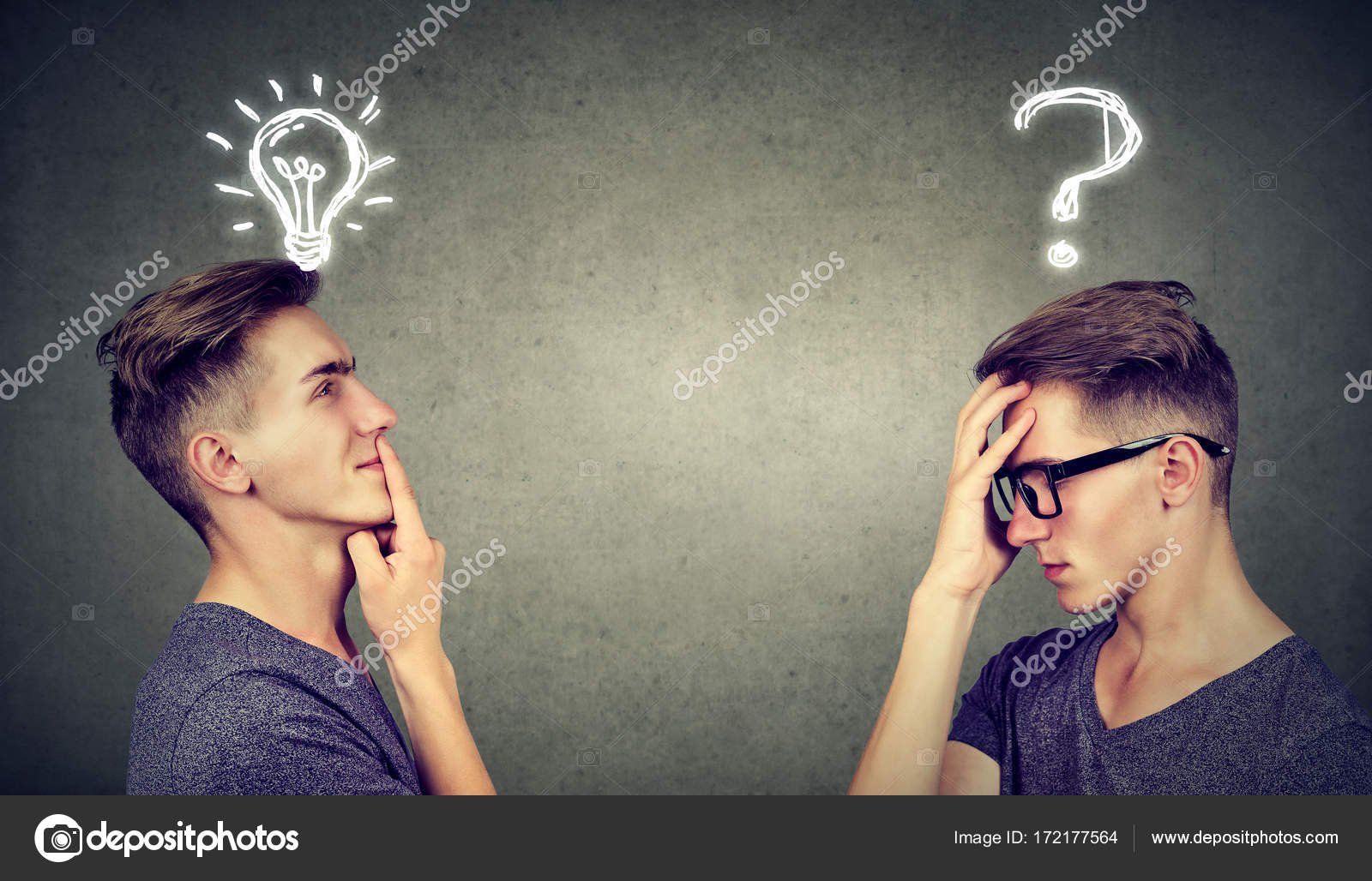 Two men thinking one has a question another solution with light bulb ...