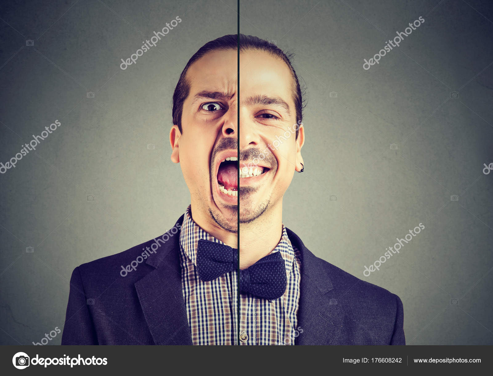 Bipolar disorder concept. Young business man with double face ...