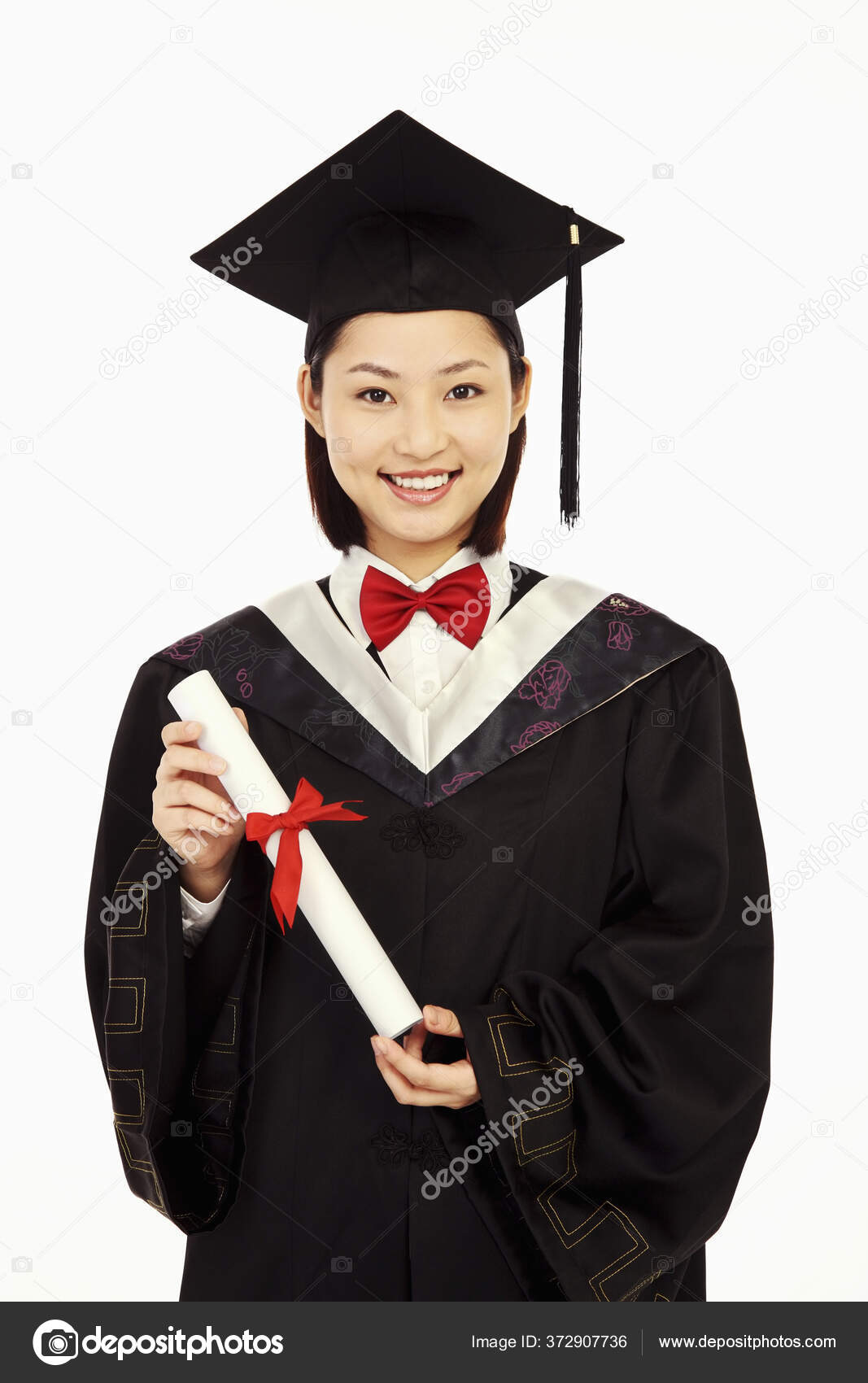 Woman Graduation Robe Posing Camera — Stock Photo © image_hit #372907736