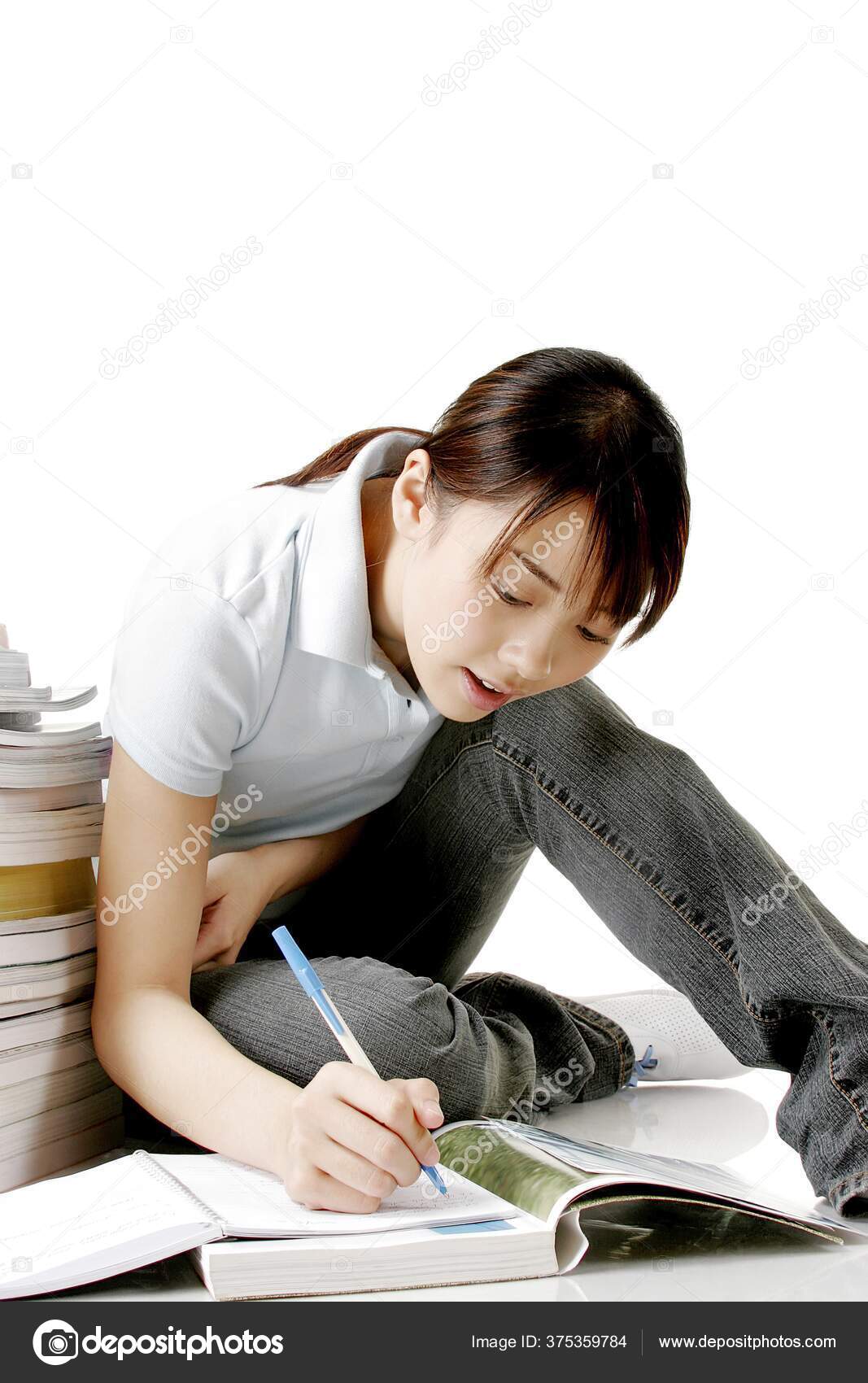 Woman Sitting Floor Doing Homework — Stock Photo © image_hit #375359784