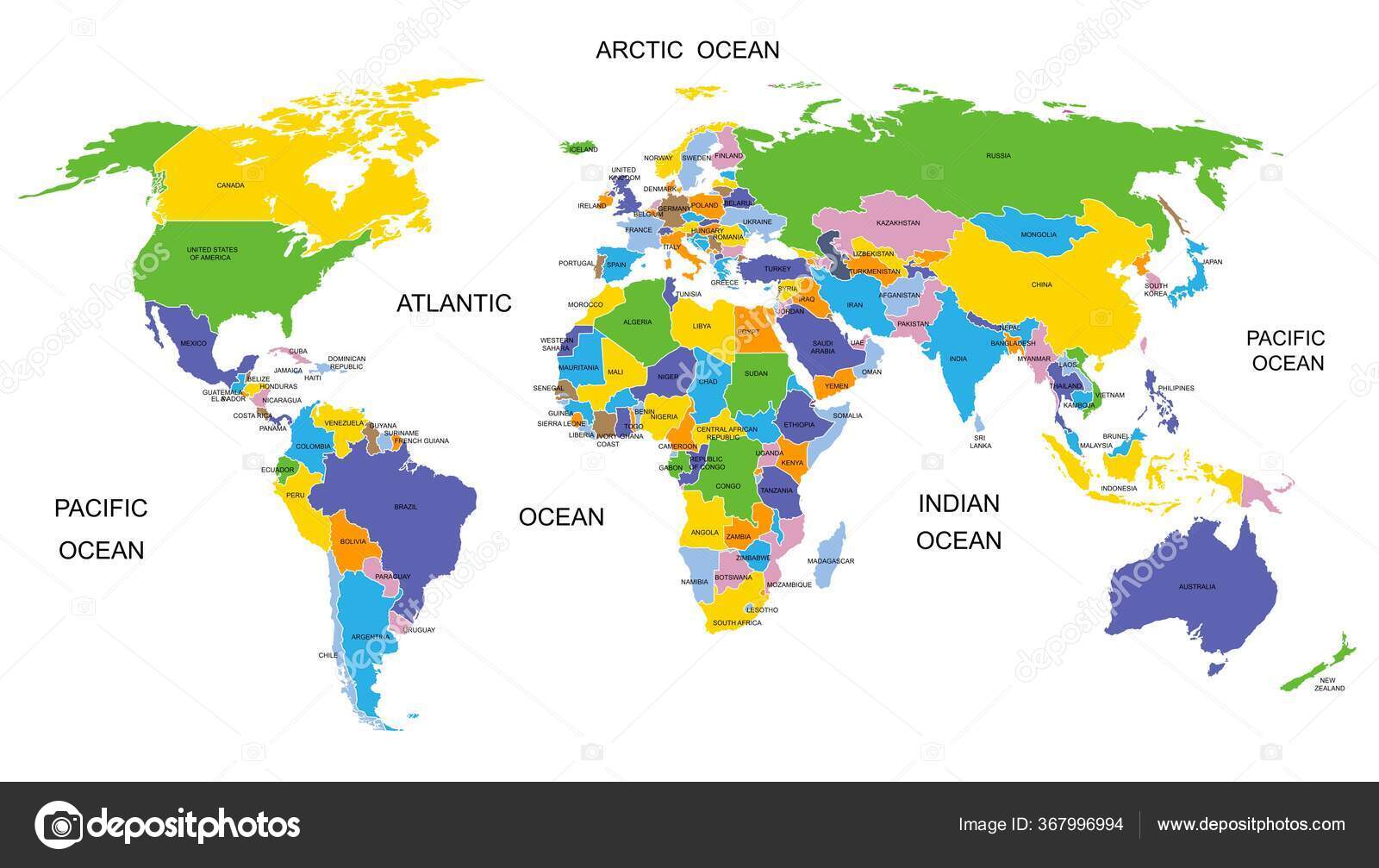 Negara-negara peta dunia berwarna. Peta politik yang detail tinggi ...