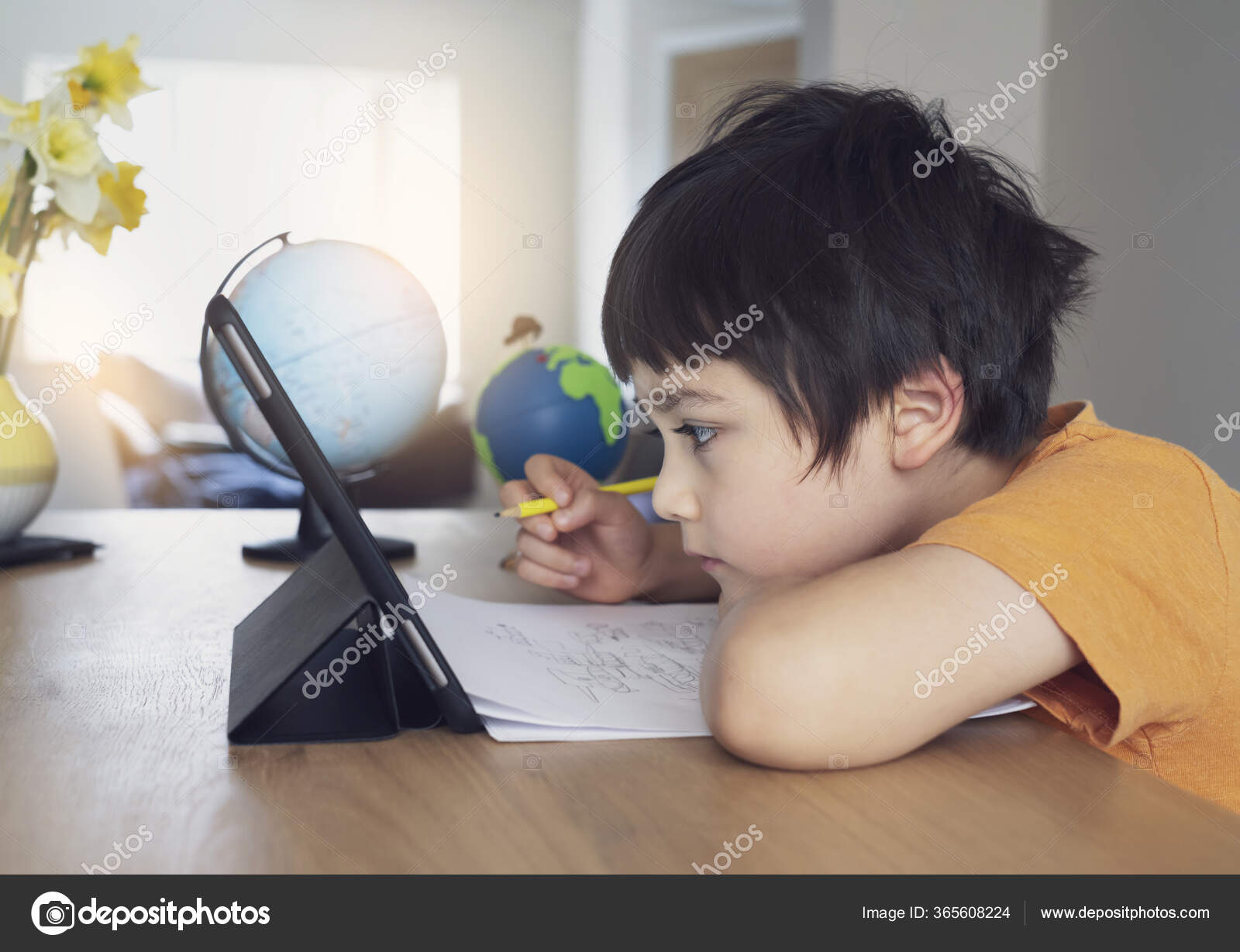 Kid Self Isolation Using Tablet His Homework Child Doing Using — Stock ...