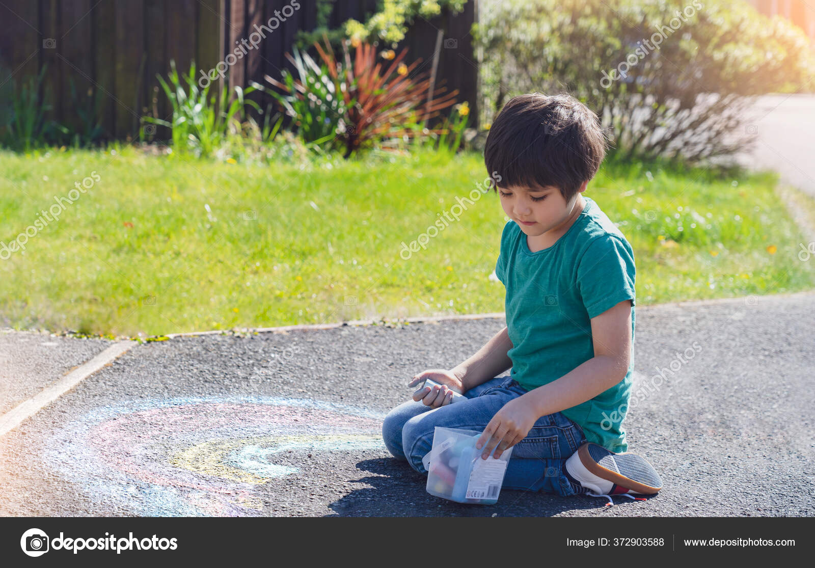 Kid Colouring Rainbow Pavement Child Drawing Rainbow Colourful Chalks ...