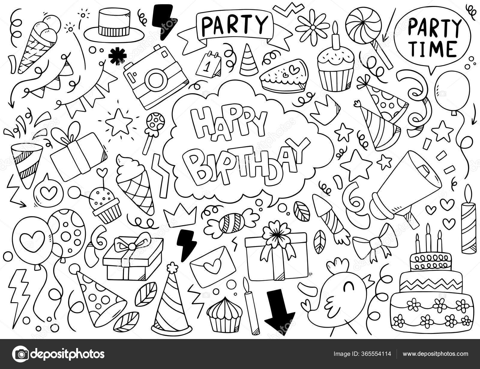 Hand Drawn Party Doodle Happy Birthday Ornaments Background Pattern Vector Stock Vector by ...