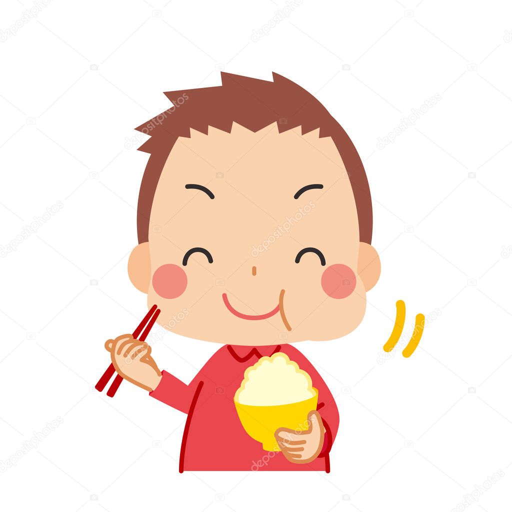 Ilustración de un niño comiendo delicioso arroz blanco. 2024