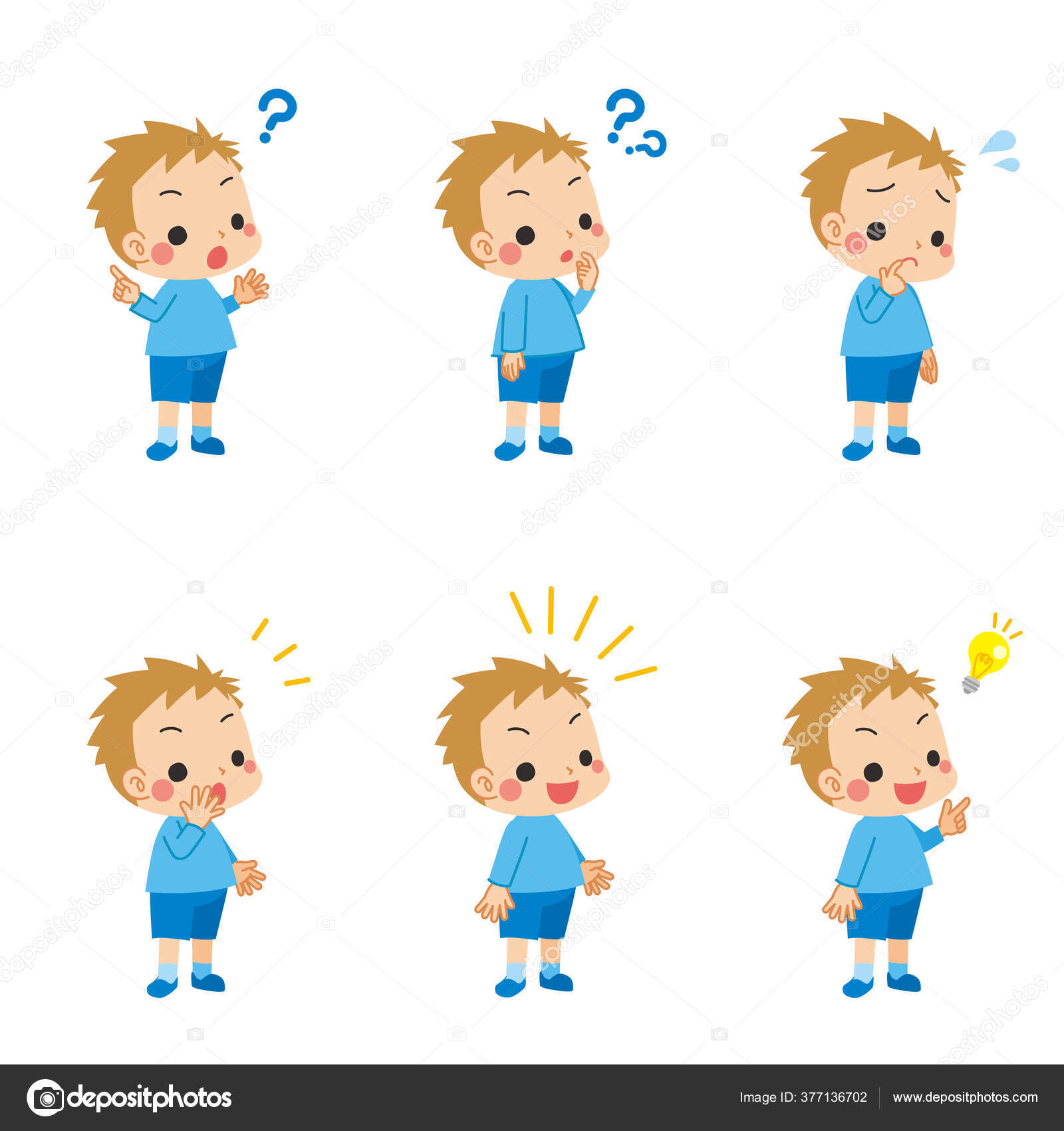 Set Illustrations Various Facial Expressions Thinking Little Boy ...