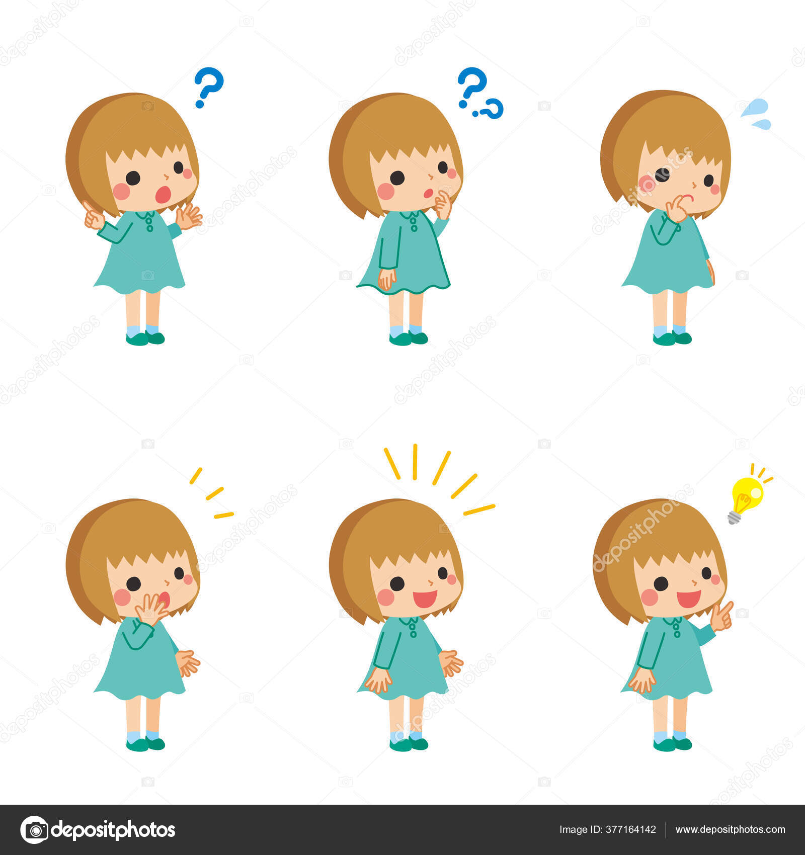 Set Illustrations Various Facial Expressions Thinking Little Girl ...