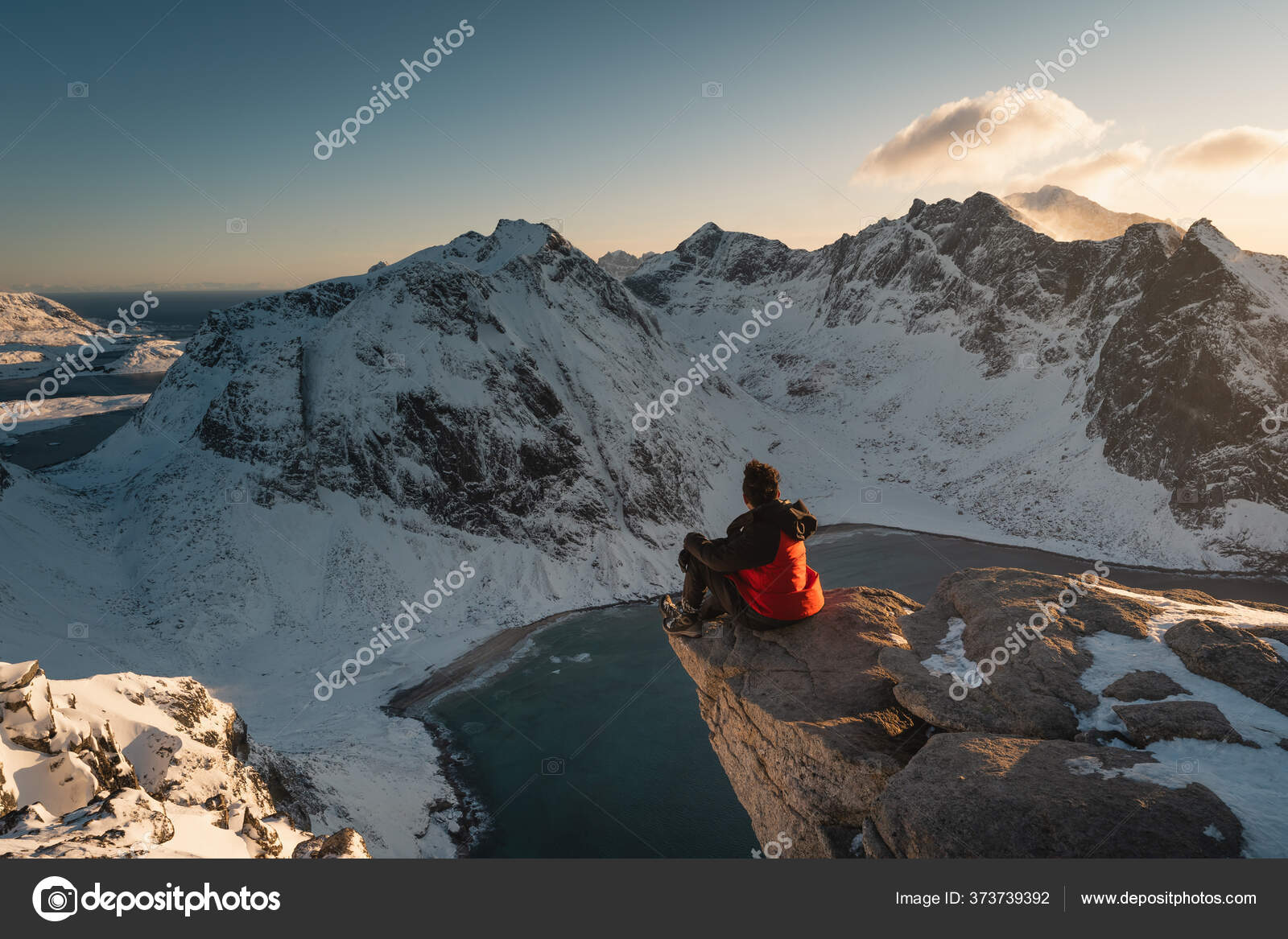 Hiker Sitting Rock Cliff Top Ryten Mountain Peak Winter Season Stock ...