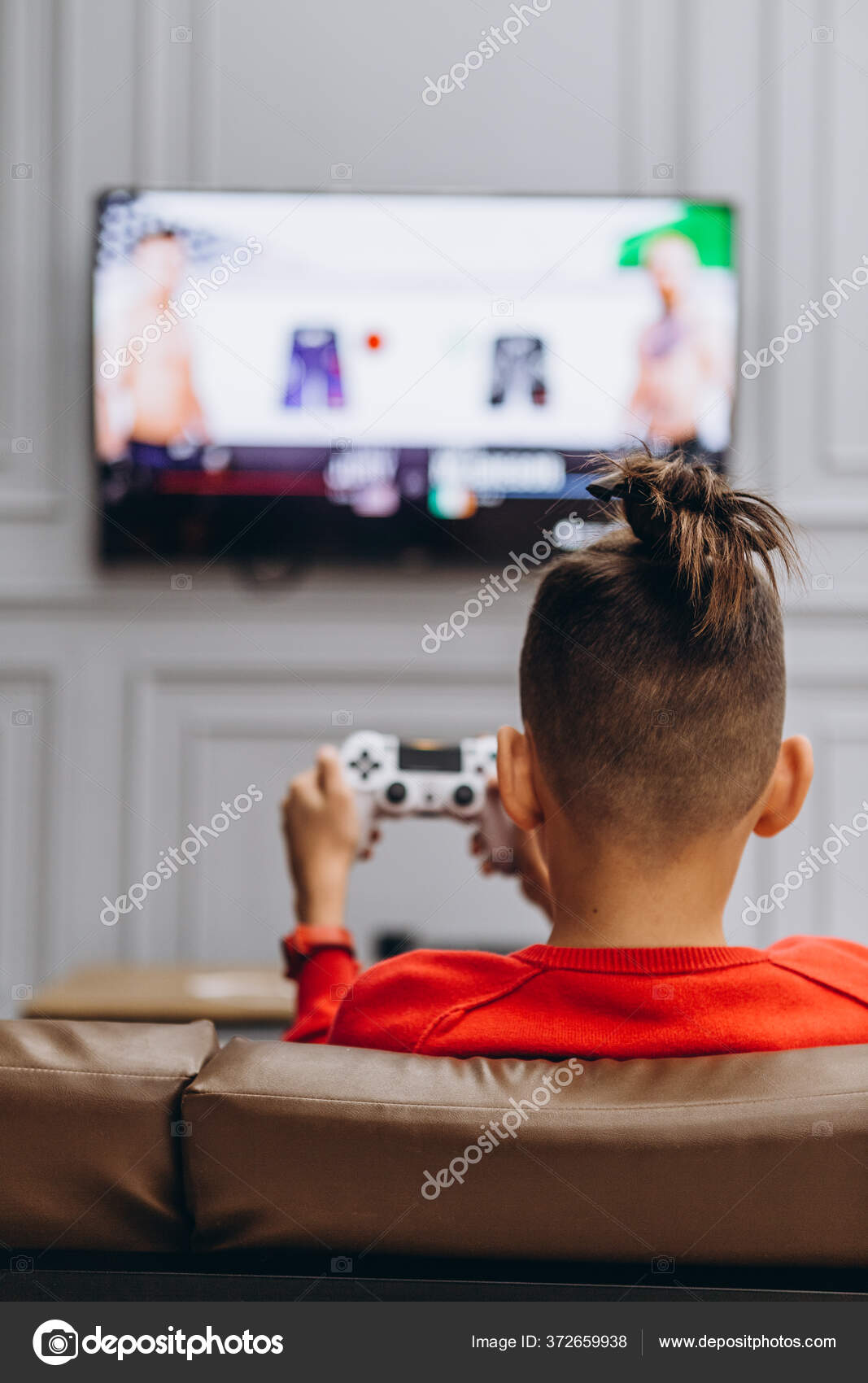 Child Boy Playing Game Console Home Front Large Sitting Beanbag Stock ...