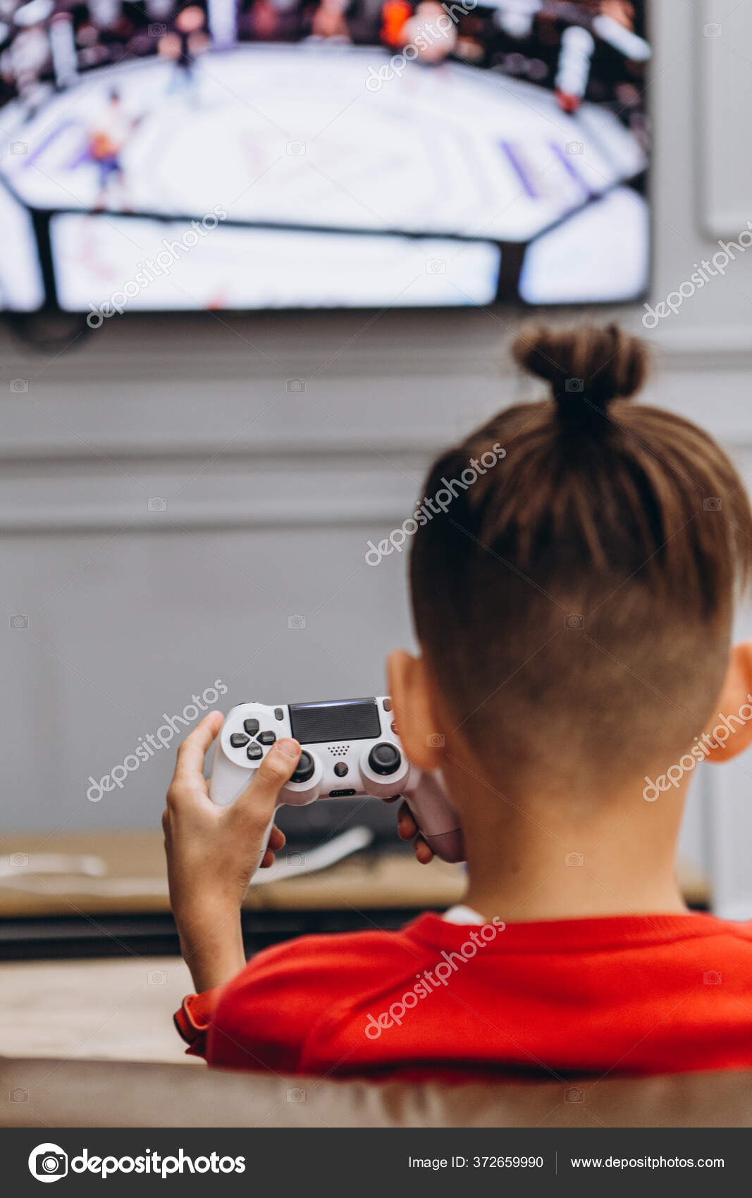Rear View Little School Boy Sitting Front Big Monitor Playing Stock ...