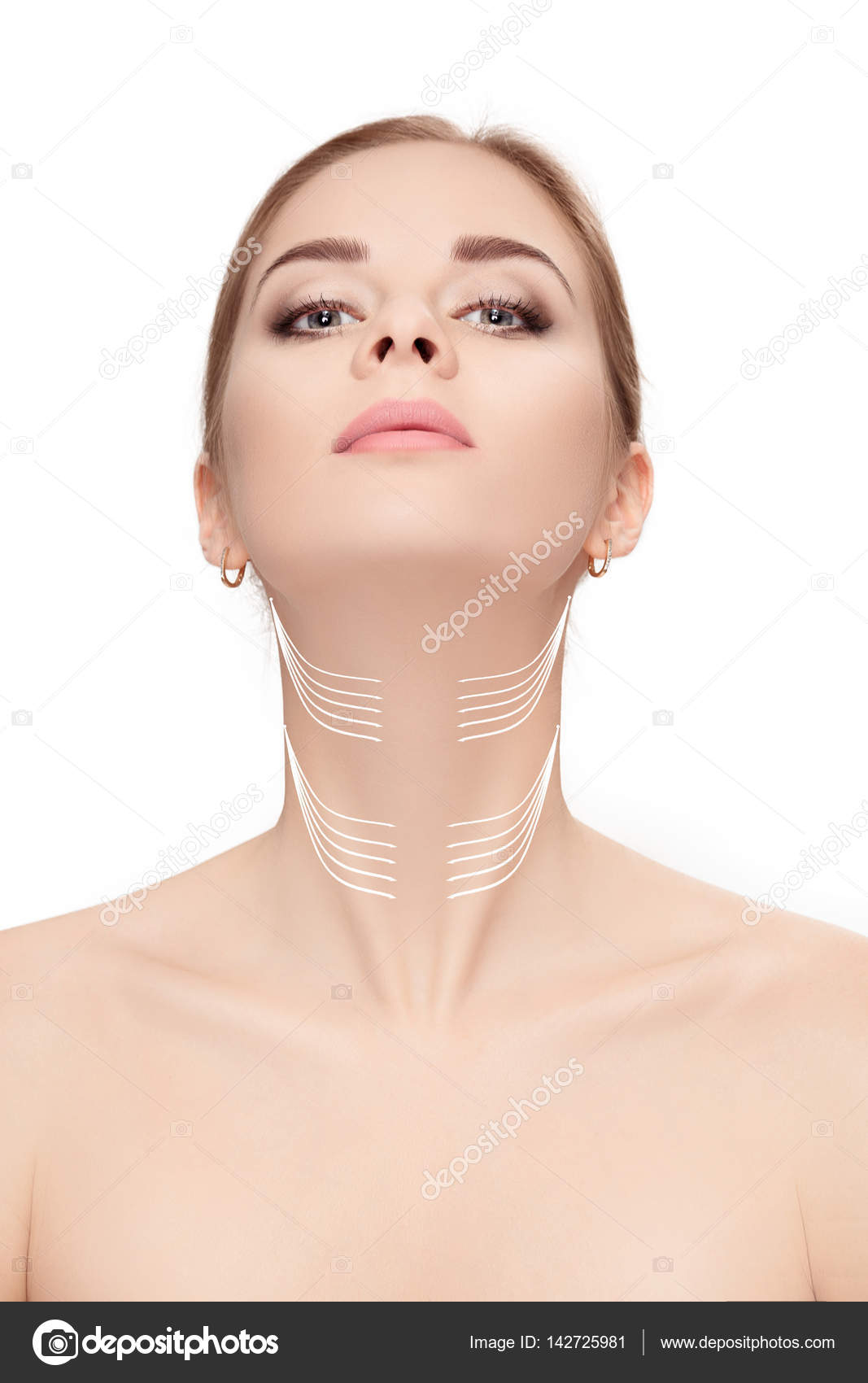 Woman with arrows on face over white background. neck lifting co Stock ...