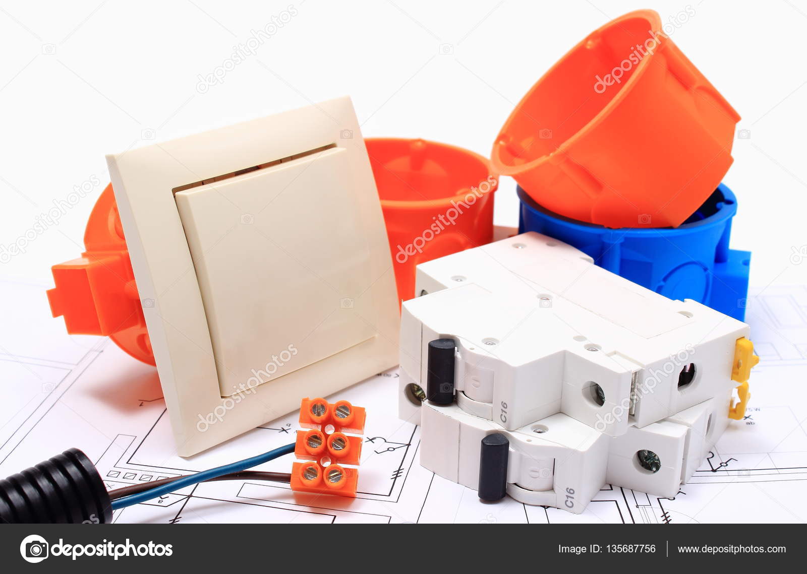 Components for electrical installations and diagrams Stock Photo by ...