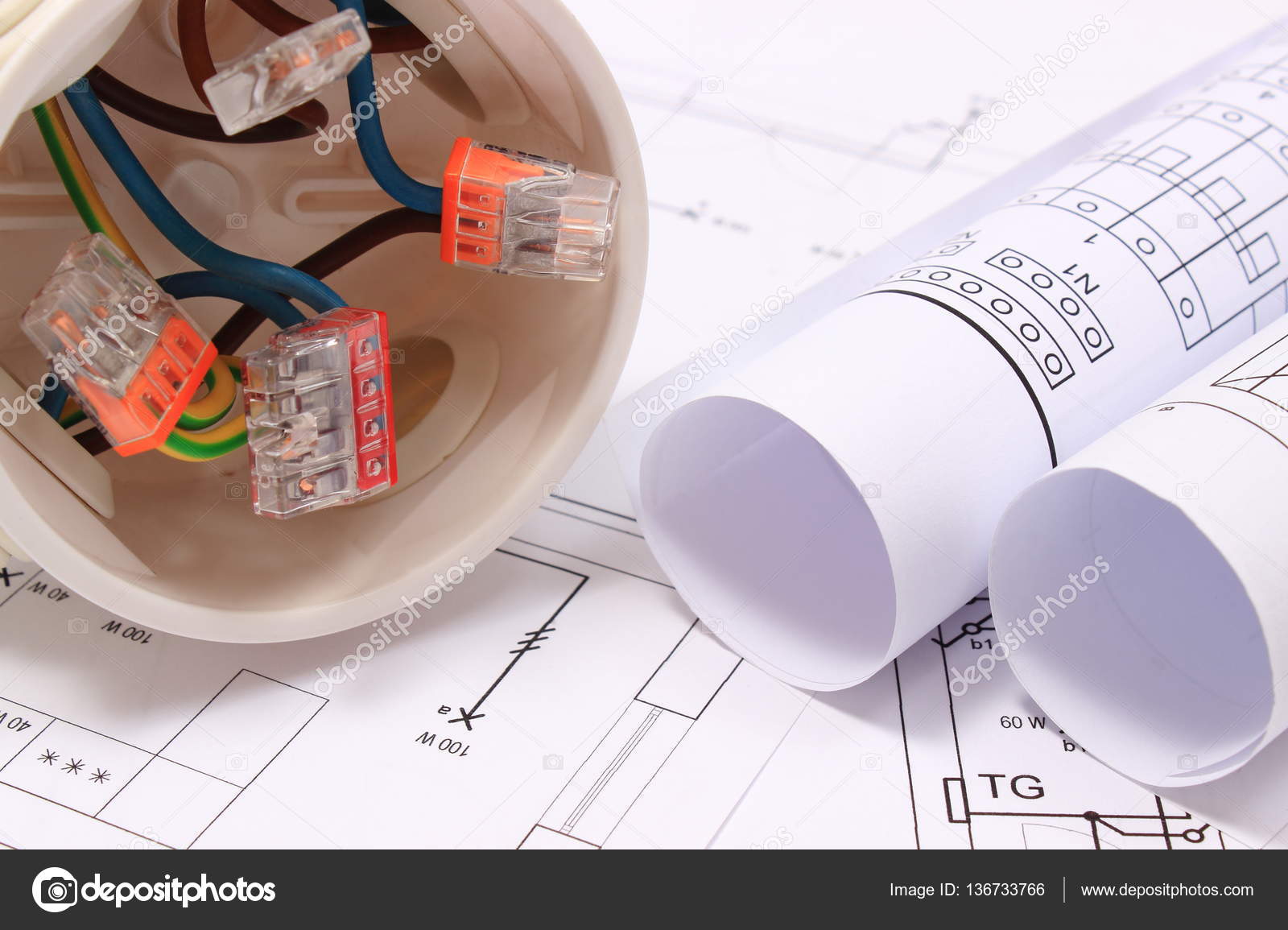 Electrical box with cables and diagrams on construction drawing Stock ...
