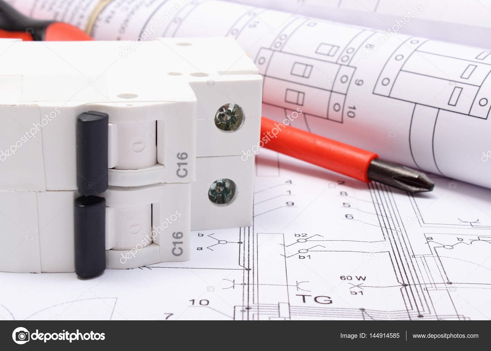 Electrical diagrams, electric fuse and work tools on drawing Stock ...