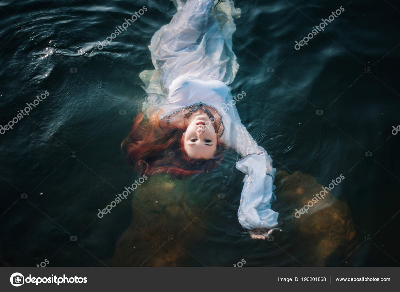 Beautiful Red Haired Girl Floating Water Rocky Coast Model Emerald ...