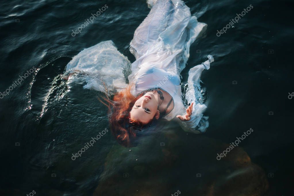 Beautiful Red Haired Girl Floating Water Rocky Coast Model Emerald ...