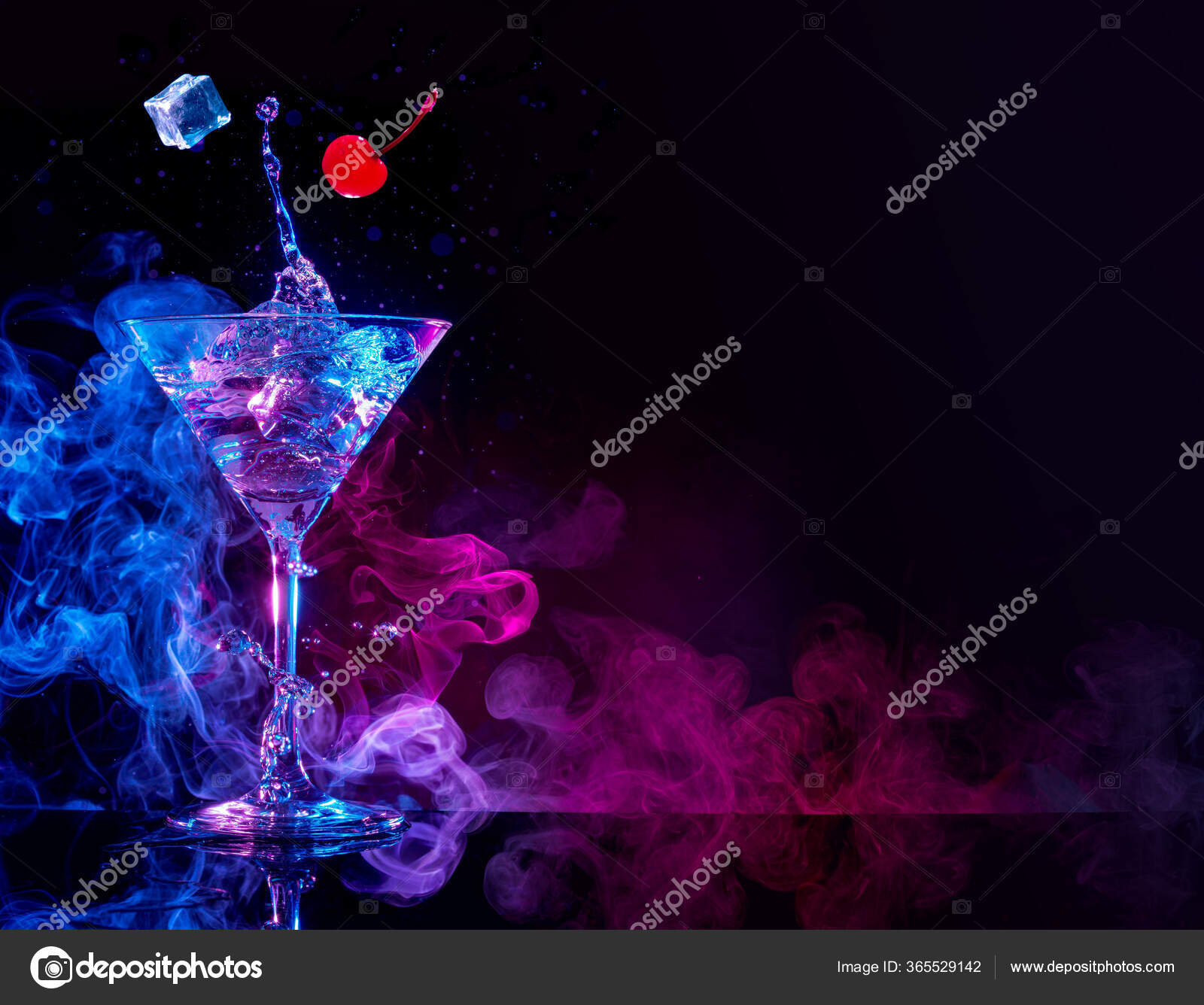 Martini Cocktail Splashing Blue Purple Smoky Background — Stock Photo ...