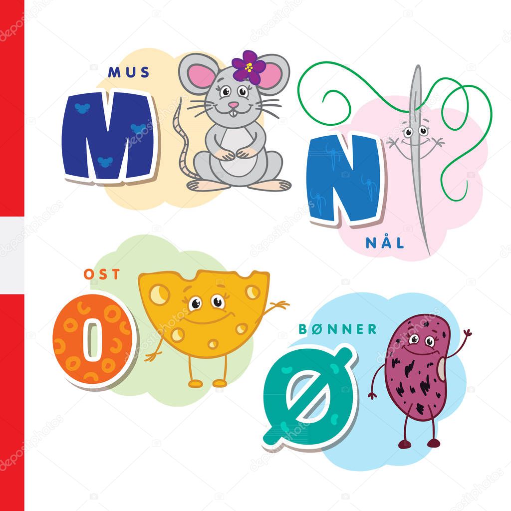 Alfabeto danés. Ratón, aguja, queso, frijoles. Letras y caracteres ...