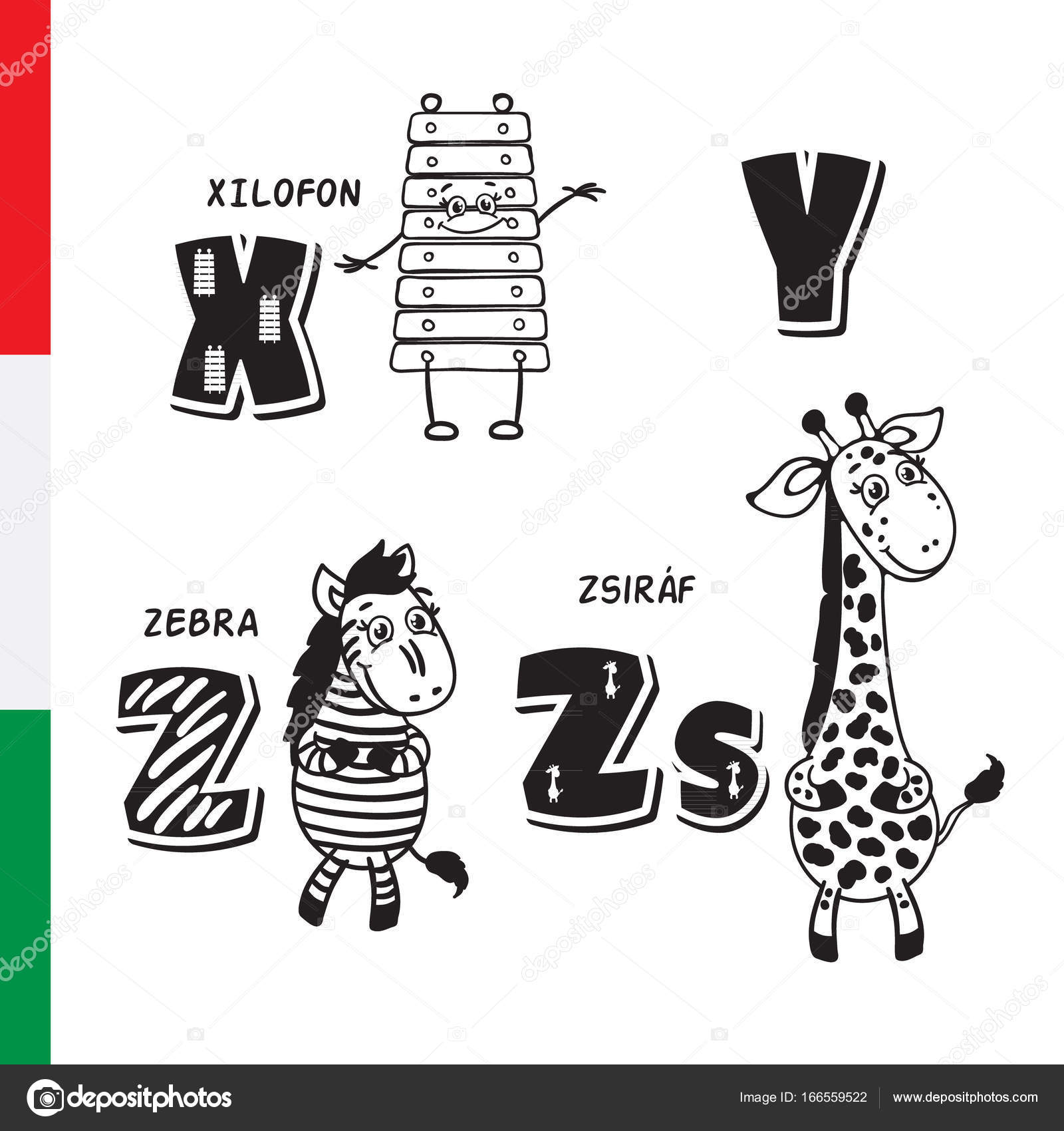 Hungarian alphabet. Xylophone, Zebra, Giraffe. Vector letters and ...