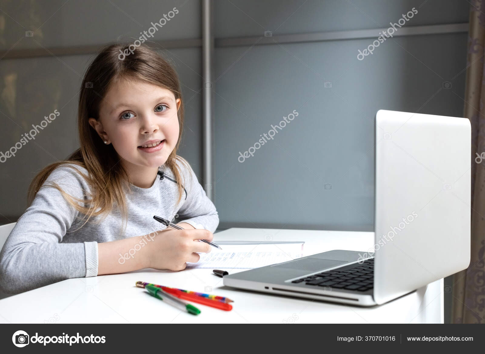 Schoolgirl Doing Her Homework Laptop Computer Home Child Using Gadgets ...