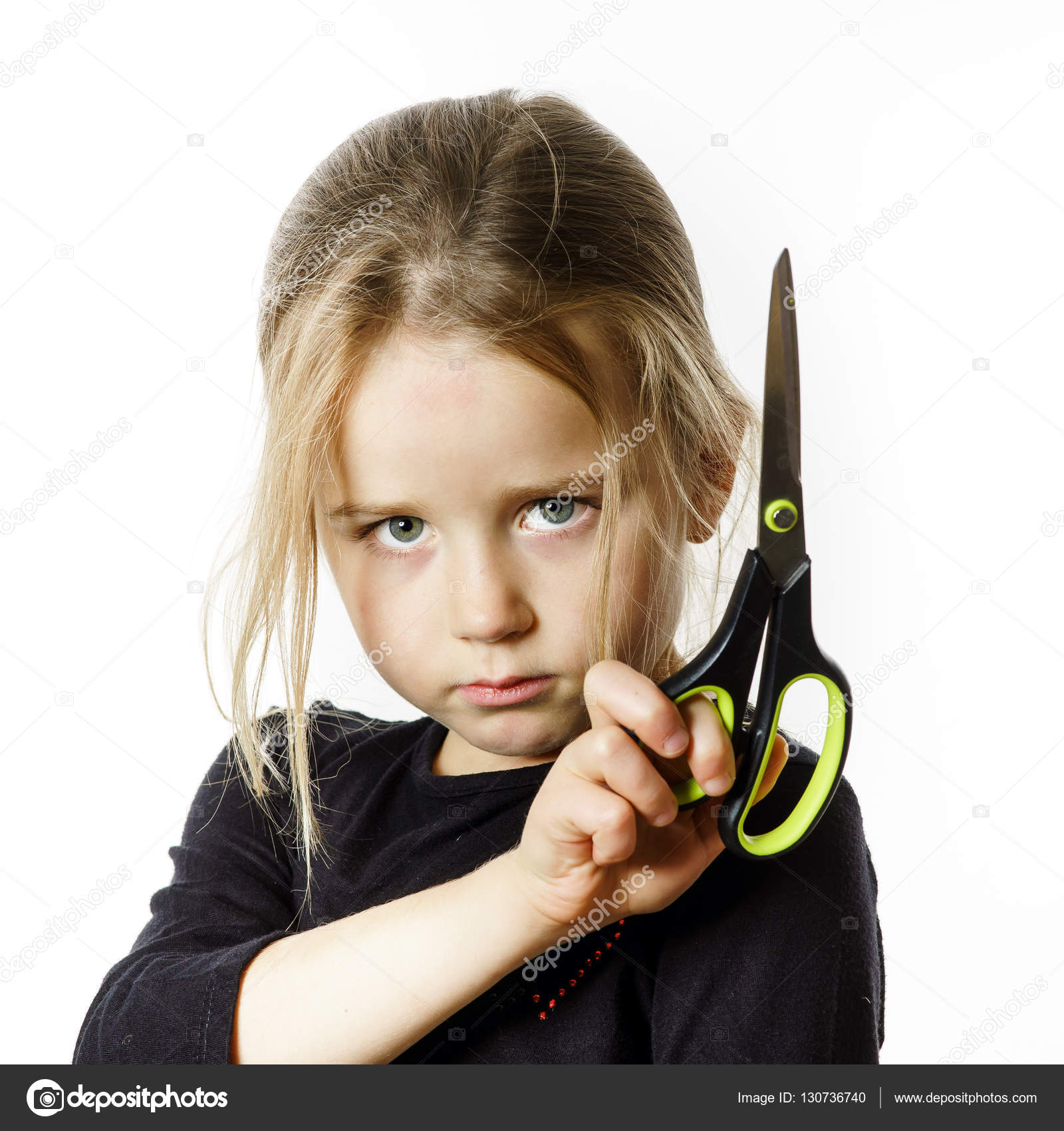 Cute little girl with scissors. Self hairdresser Stock Photo by ...