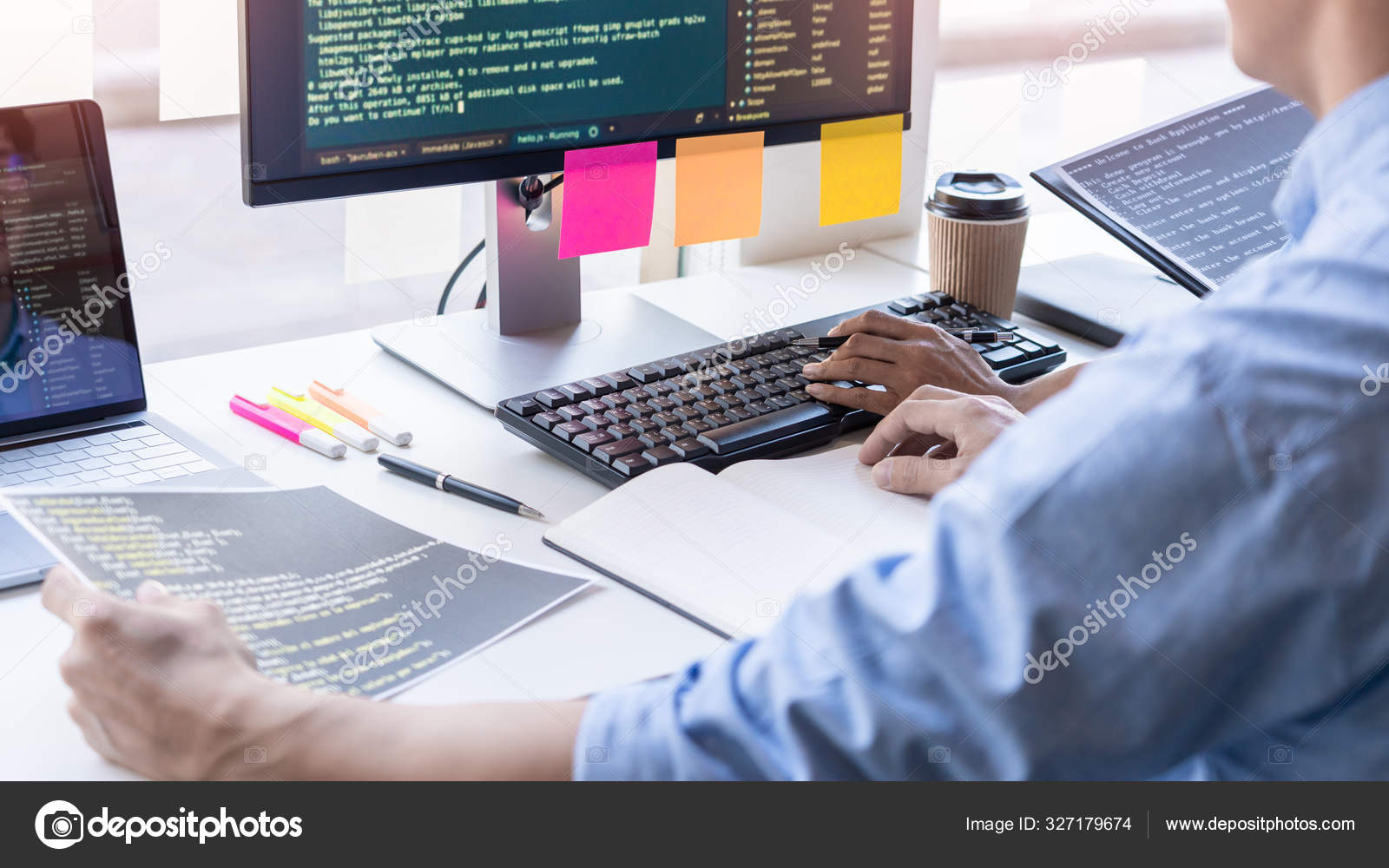 Pensive programmer working on on desktop pc programming code tec — Stock Photo © snowing #327179674