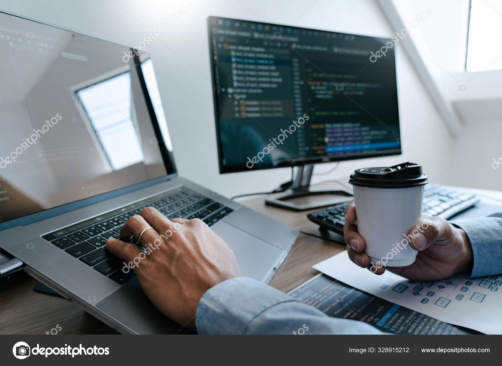 Programmer Typing Code on desktop computer, Developing programmi — Stock Photo © snowing #328915212