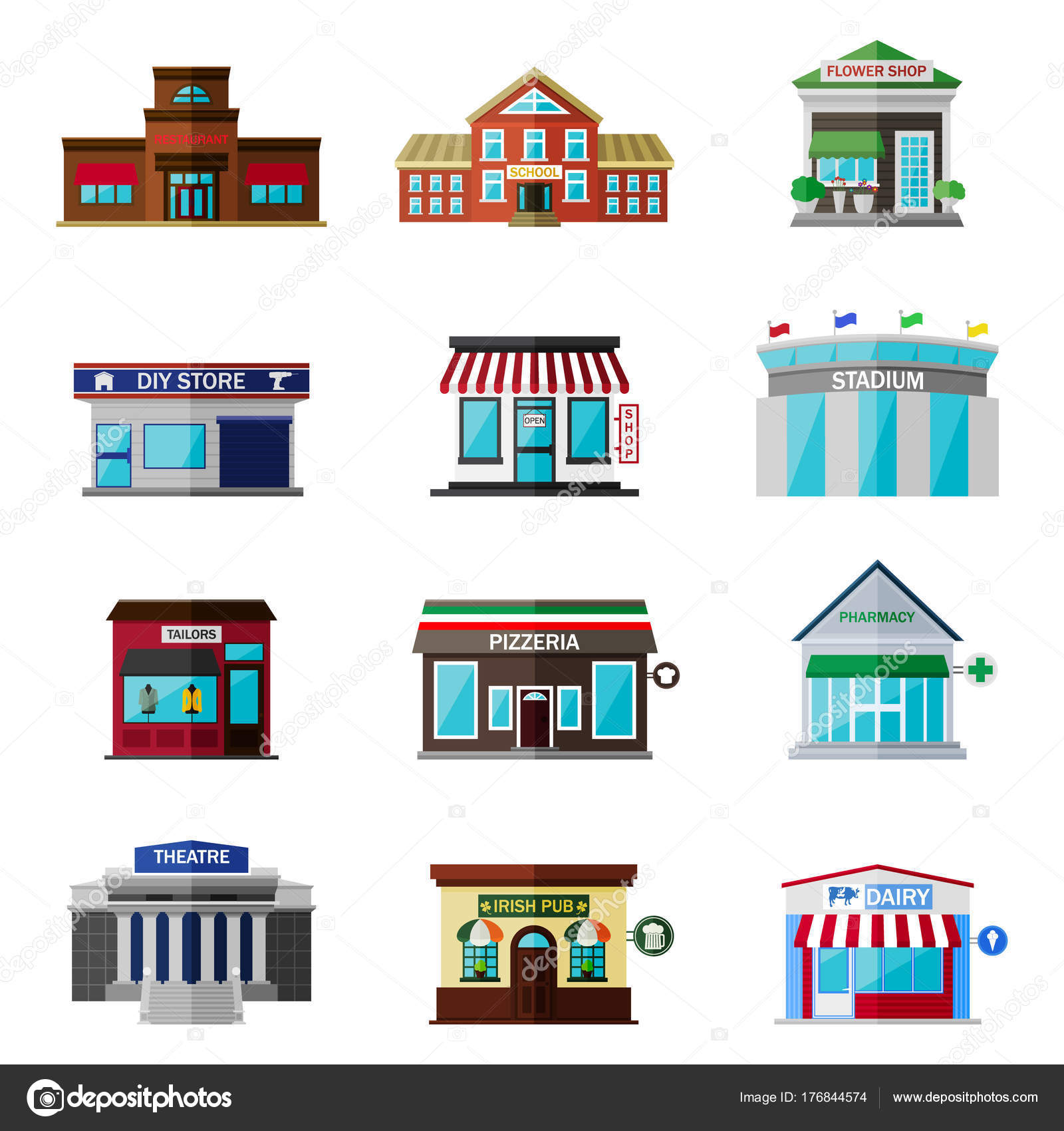 Different shops, buildings and stores flat icon set isolated on white ...