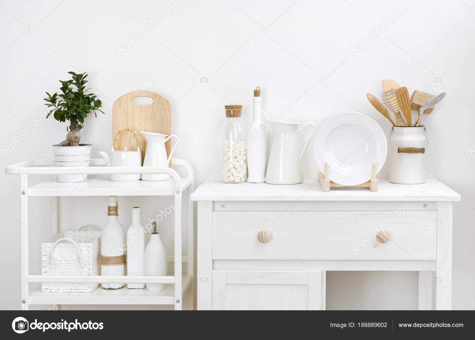 Various Kitchen Utensils Dishware Elegant Vintage White Furniture ⬇ ...