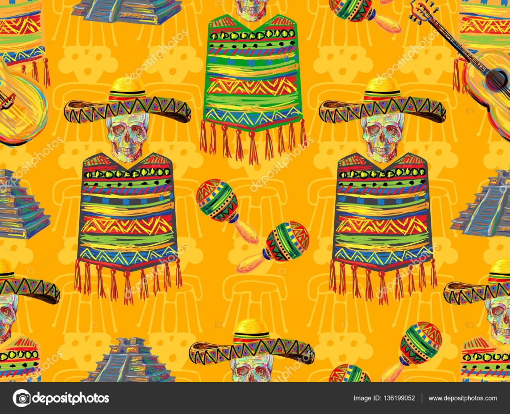 Mexican seamless music pattern with skull, sombrero hat, guitar ...