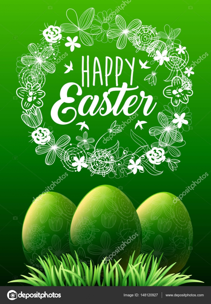 Happy Easter. Green grass and green eggs. Lettering with birds and ...