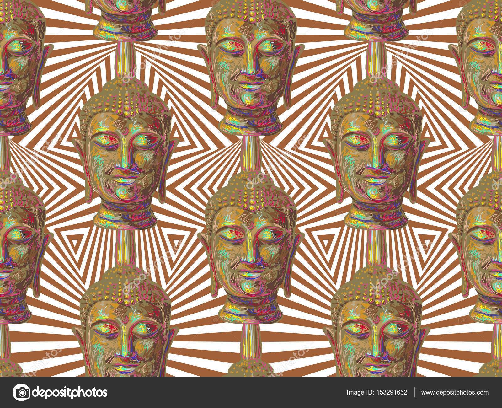 Nahtloses Hippie-Muster mit Buddhakopf. thailändischer Gott, Yoga Zen ...