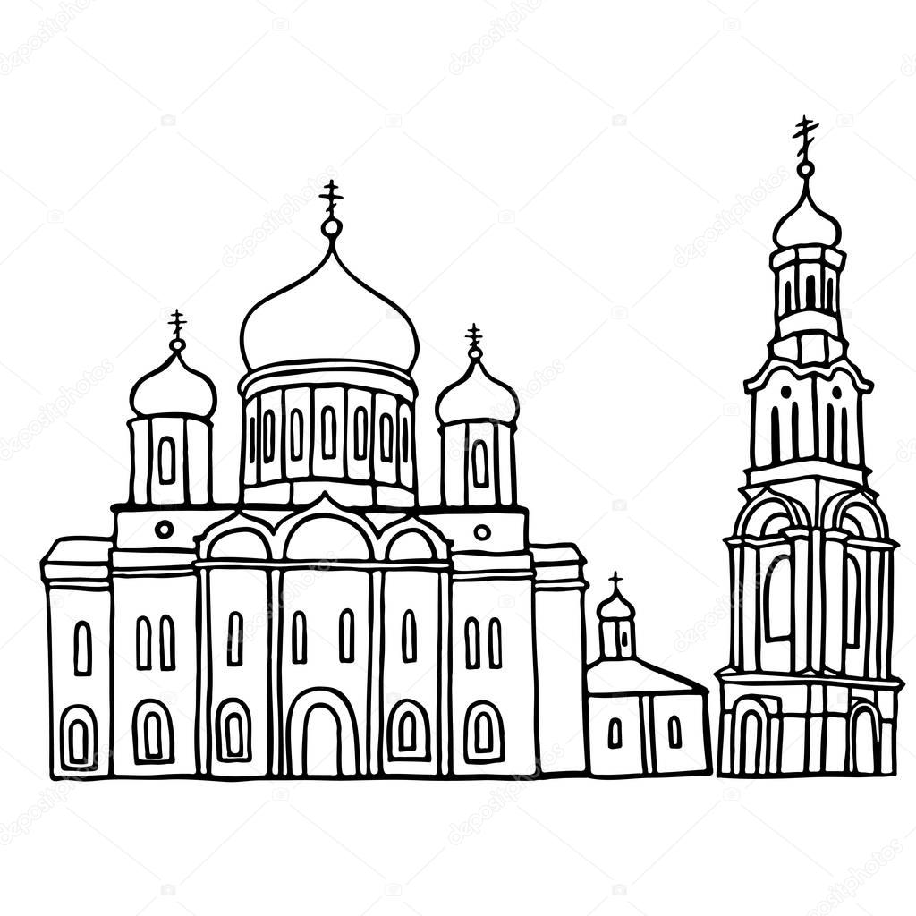 Dibujo a pluma negra de la iglesia ortodoxa rusa con campanario, Rostov ...