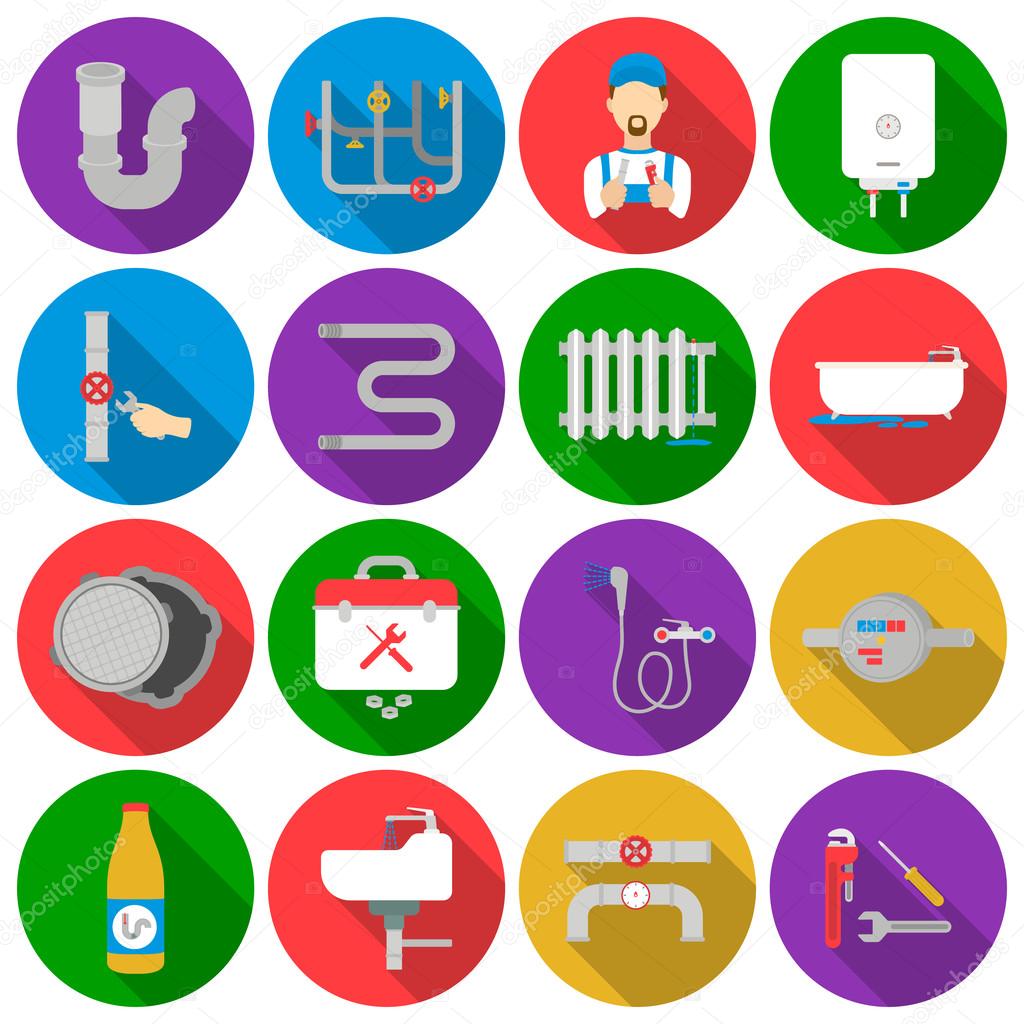 Conjunto de plomería iconos en estilo plano. Gran colección de plomería ...