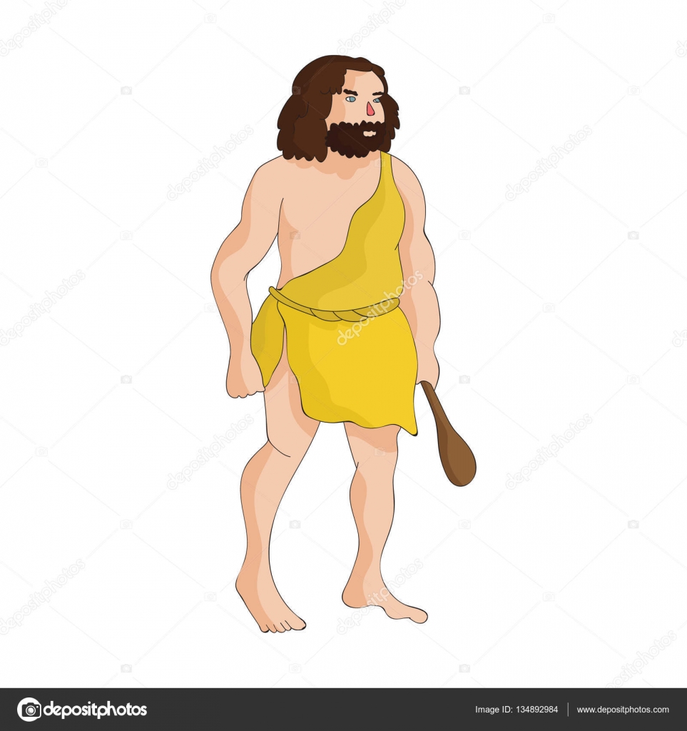 Primitive man with truncheon icon in cartoon style isolated on white ...
