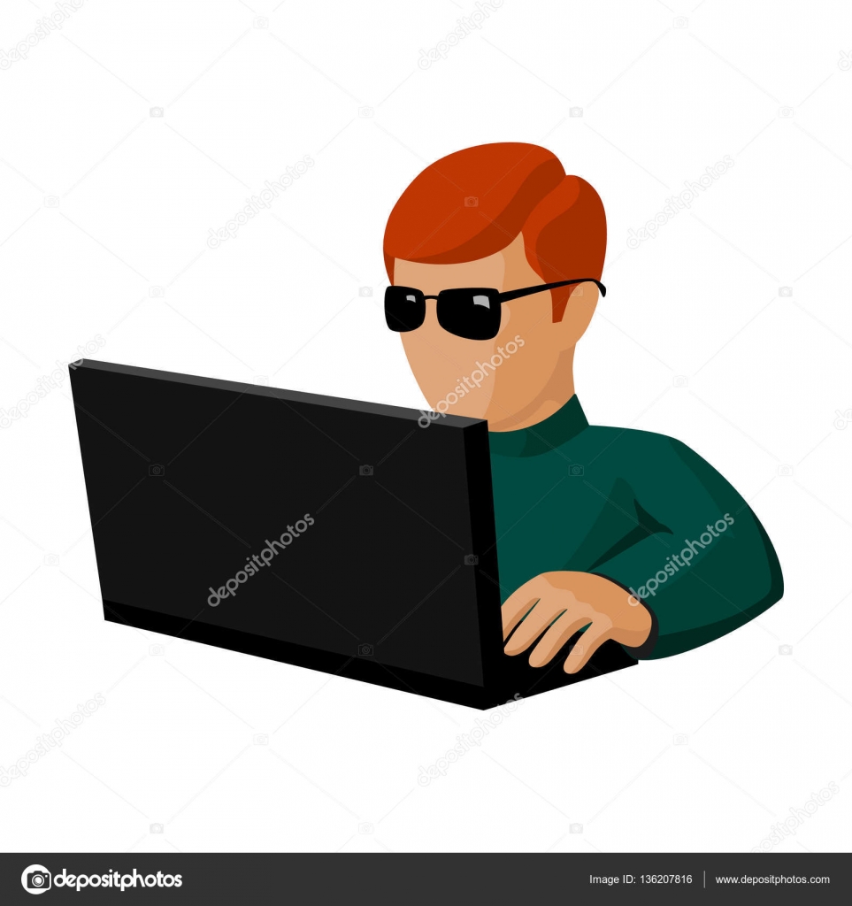 Computer hacker icon in cartoon style isolated on white background. Hackers and hacking symbol ...