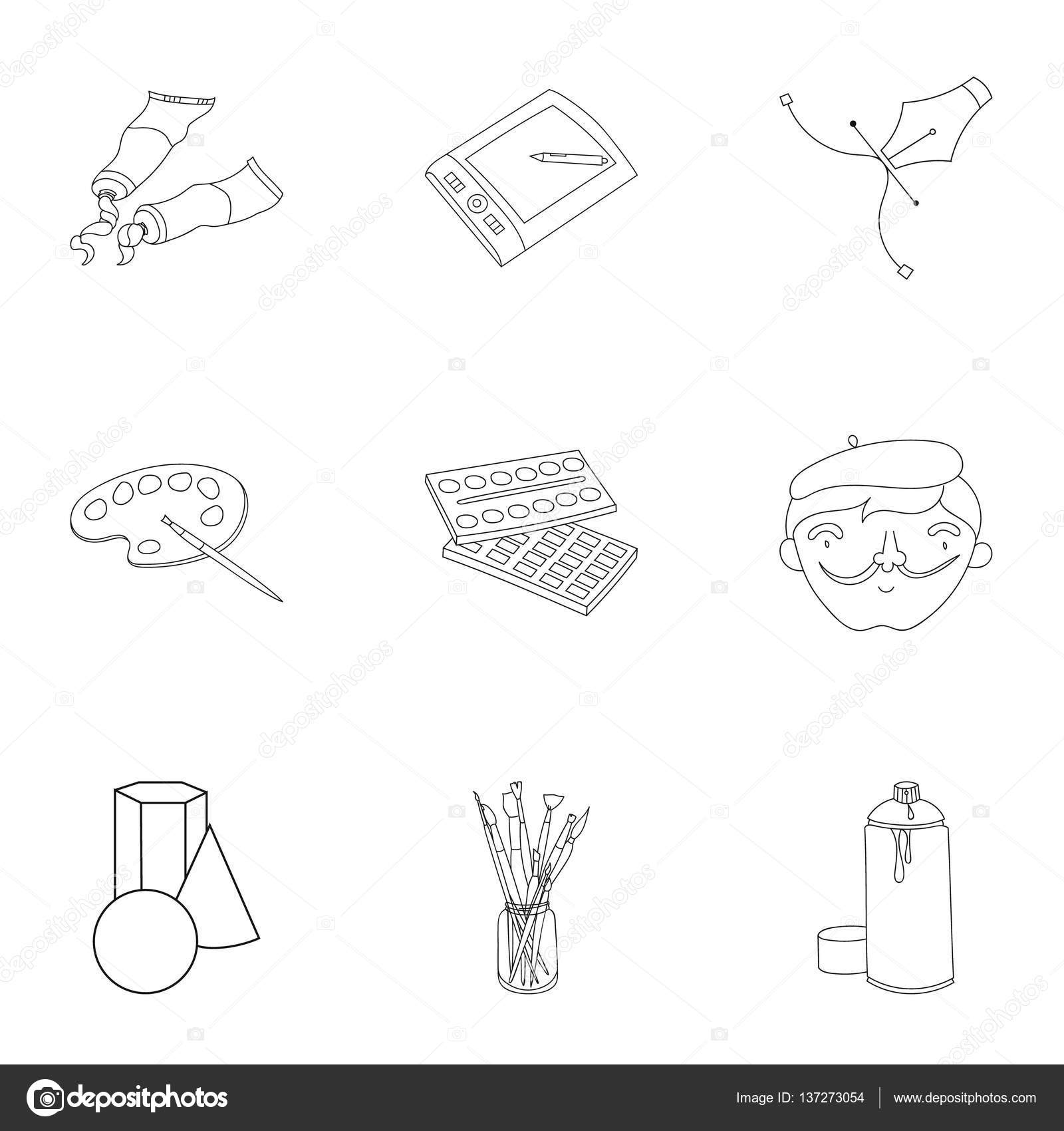 Artist and drawing set icons in outline style. Big collection of artist ...