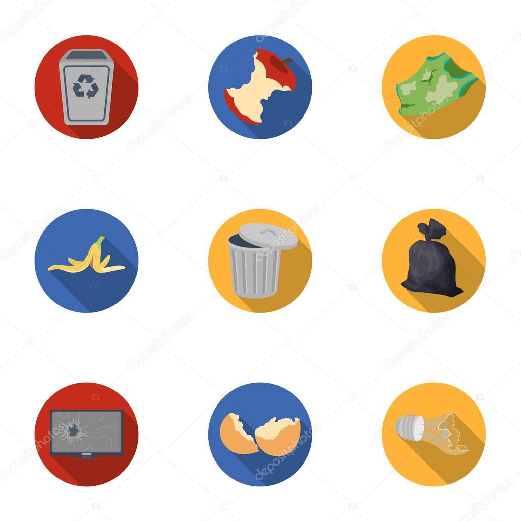 Basura y basura establecen iconos en estilo plano. Gran colección de ...