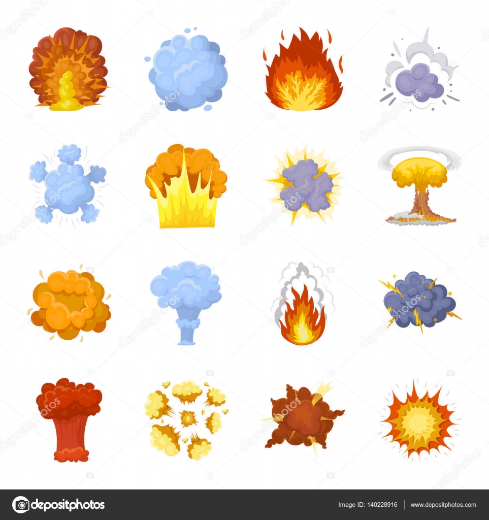 Las explosiones establecen iconos en estilo de dibujos animados. Gran ...