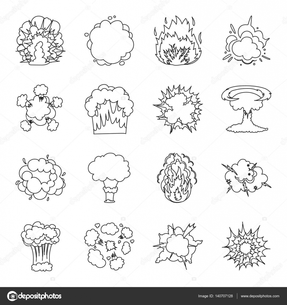 Explosions set icons in outline style. Big collection of explosions ...