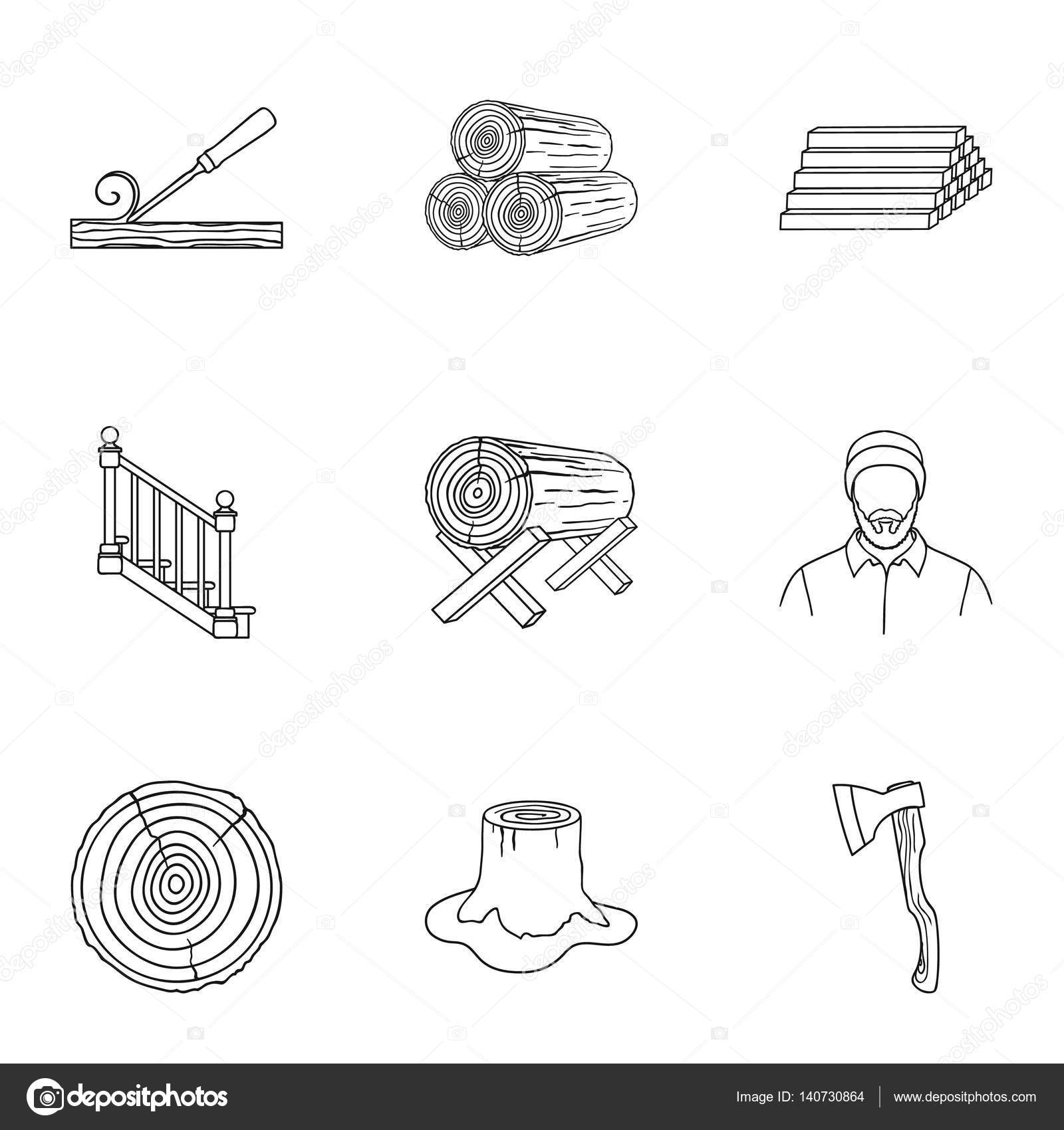 Sawmil and timber set icons in outline style. Big collection of sawmill ...